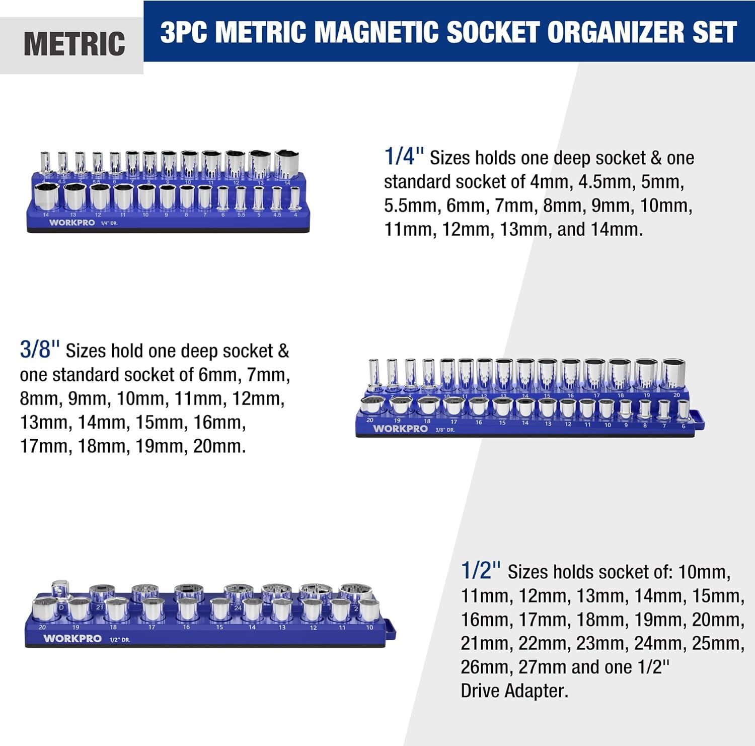 WORKPRO Magnetic Socket Organizer Set, 3-Piece Holder Set Includes 1/4 ...