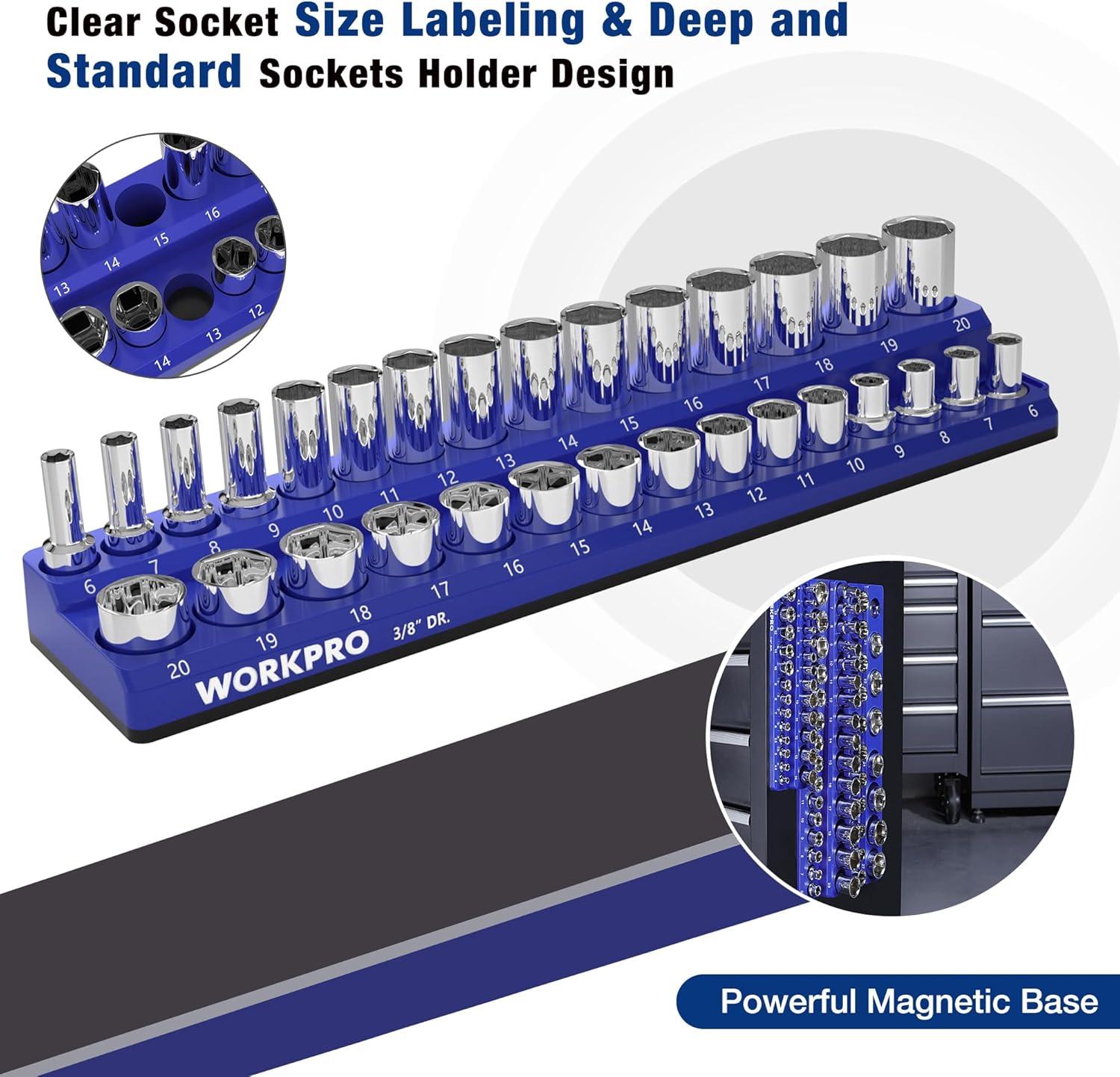 WORKPRO Magnetic Socket Organizer Set, 3-Piece Holder Set Includes 1/4 ...