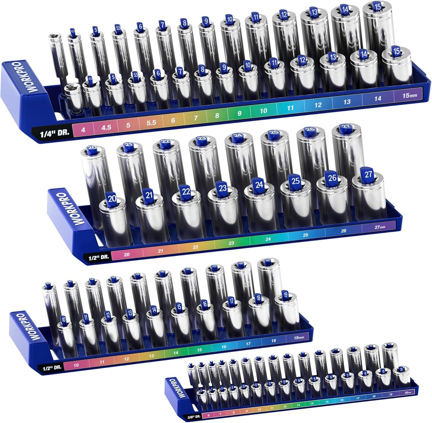 WORKPRO Socket Organizer Set, 4PC Impact Socket Holder, 1/4″, 3/8″, 1/2 ...